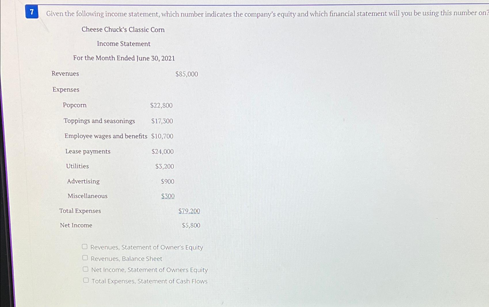 Solved 7 ﻿Given the following income statement, which number | Chegg.com