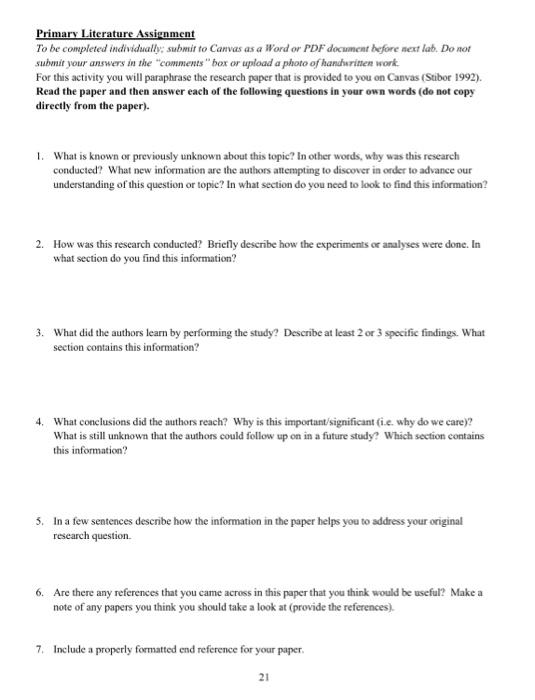 Primary Literature Assignment To be completed | Chegg.com