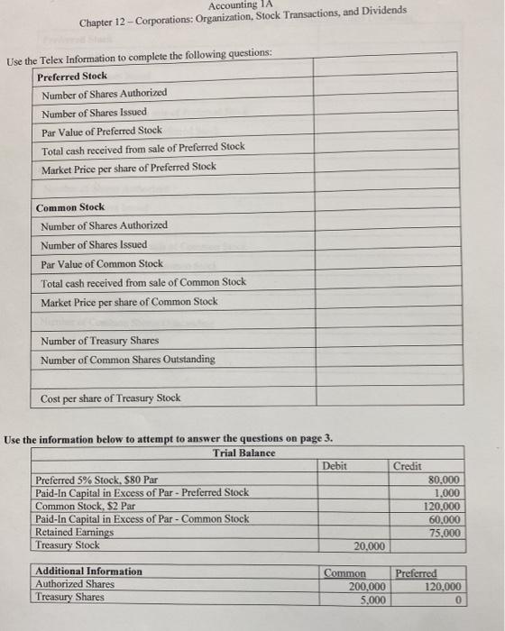 Accounting 1A Chapter 12 - Corporations: | Chegg.com
