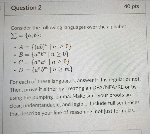 Solved Question 1 20 pts For each of the following languages | Chegg.com