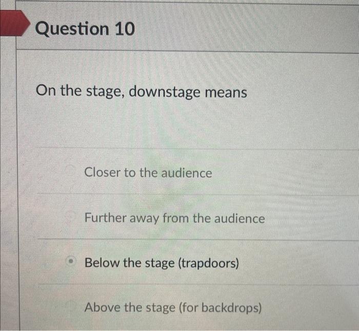 On the stage, downstage means Closer to the audience | Chegg.com