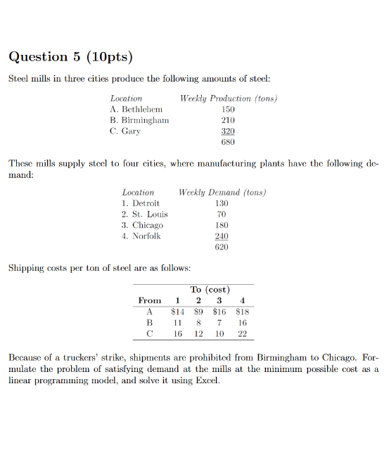 Solved Question 5 (10pts)Steel mills in three cities produce | Chegg.com
