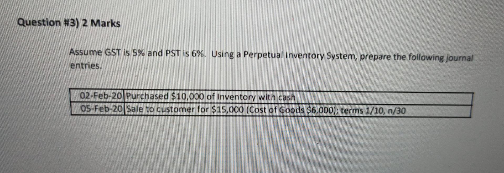 Solved Question #3) 2 Marks Assume GST is 5% and PST is 6%. | Chegg.com