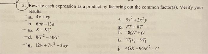 Solved 2. Rewrite each expression as a product by factoring | Chegg.com