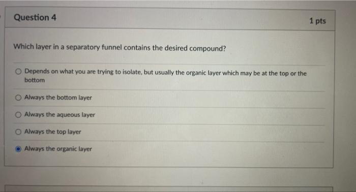 Solved Question 4 1 pts Which layer in a separatory funnel | Chegg.com