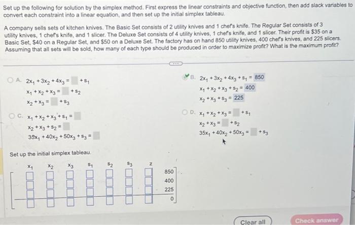 Solved Set up the following for solution by the simplex | Chegg.com