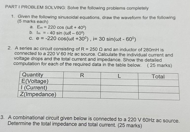Solved PART I PROBLEM SOLVING: Solve the following problems | Chegg.com