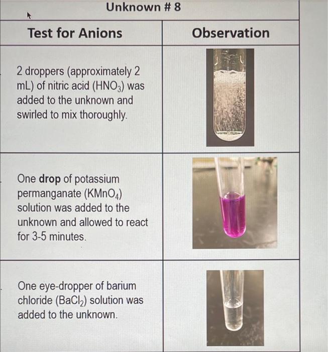 Solved Unknown #8 Test for Anions Observation 2 droppers | Chegg.com