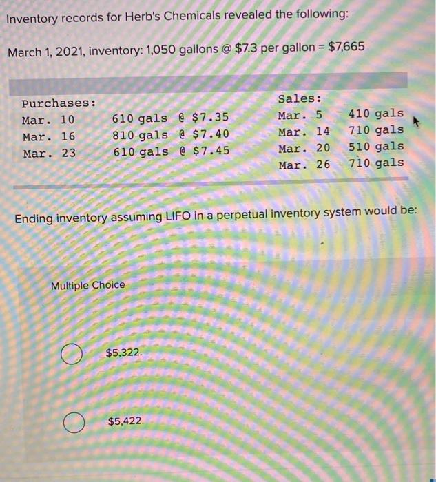 Solved Inventory records for Herb's Chemicals revealed the | Chegg.com