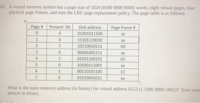 Solved 10. A virtual memory system has a page size of 1024 | Chegg.com