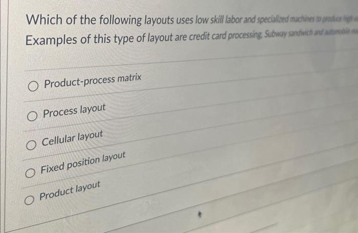 Solved Which of the following layouts uses low skill labor | Chegg.com