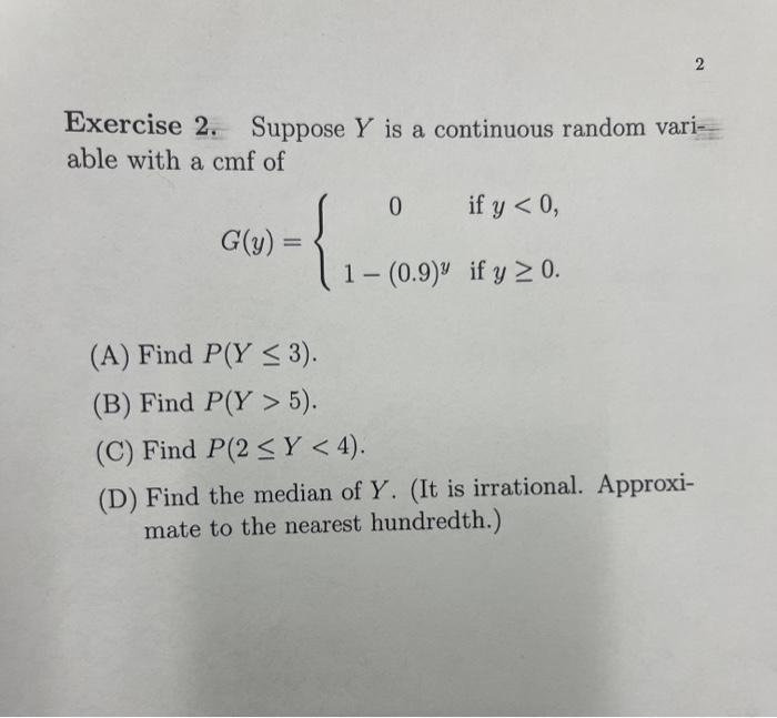 Solved Exercise 2. Suppose Y is a continuous random variable | Chegg.com
