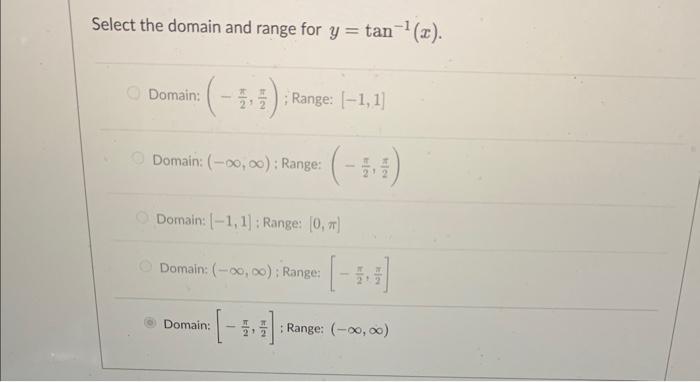 Solved Select the domain and range for y=sin−1(x). Domain: | Chegg.com