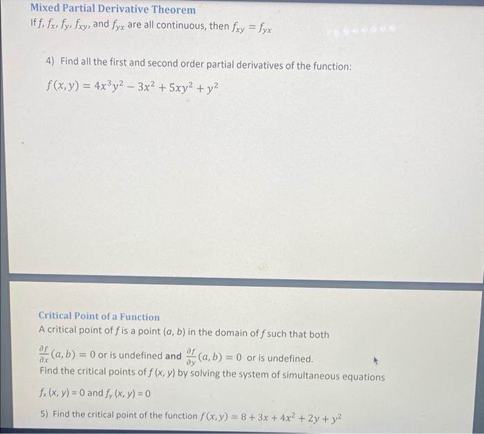 Solved Mixed Partial Derivative Theorem Iff. fx.fy, fxy, and | Chegg.com