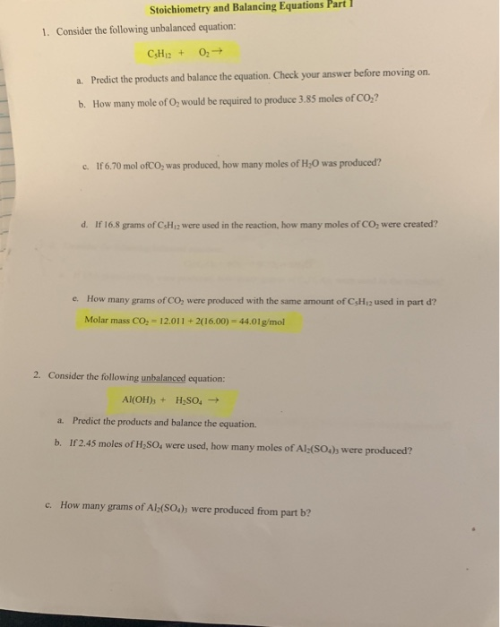 Solved Stoichiometry and Balancing Equations Part 1 1. | Chegg.com