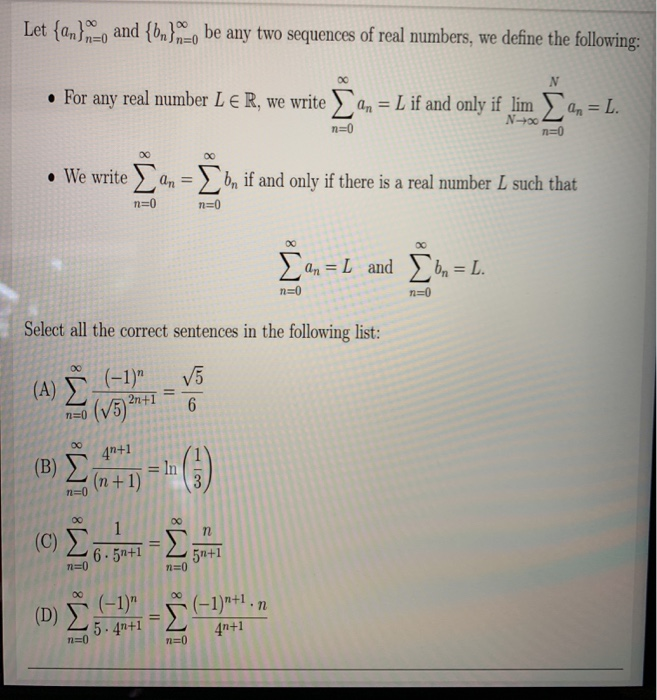 Solved Let {an) – and {bn}-o be any two sequences of real | Chegg.com