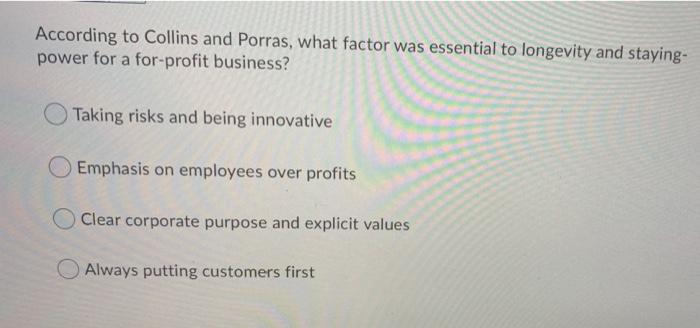 Solved According to Collins and Porras, what factor was | Chegg.com