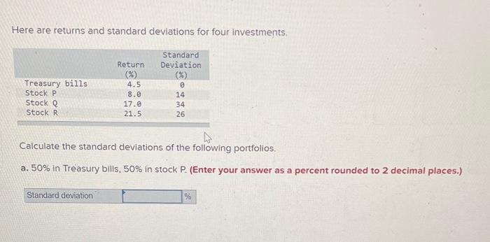 Solved Here are returns and standard deviations for four | Chegg.com
