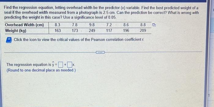Solved Find the regression equation, letting overhead width | Chegg.com