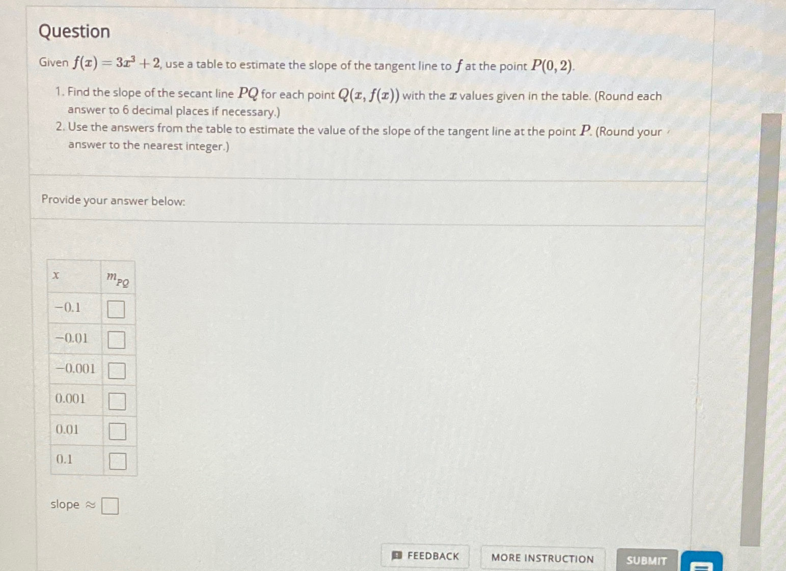 QuestionGiven f(x)=3x3+2, ﻿use a table to estimate | Chegg.com