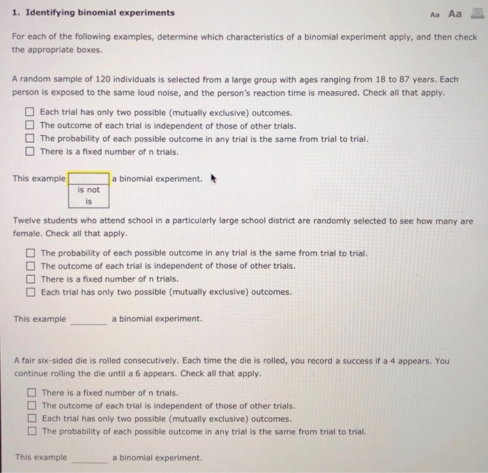Solved 1. Identifying binomial experiments Aa Aa E For each | Chegg.com