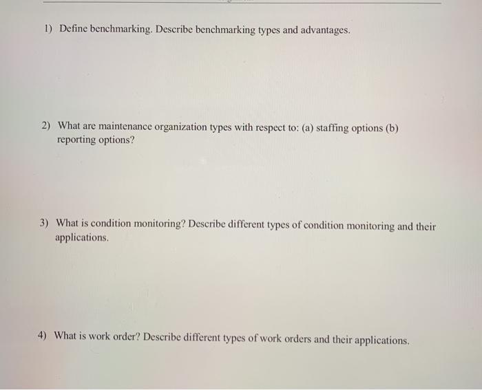 Solved 1) Define benchmarking. Describe benchmarking types | Chegg.com