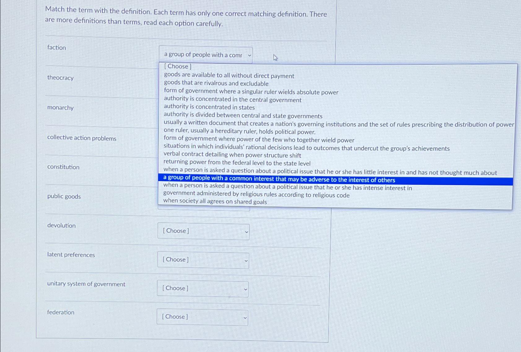 Solved Match the term with the definition. Each term has | Chegg.com