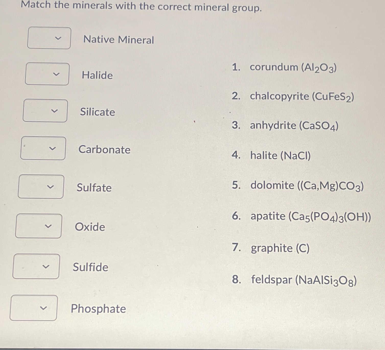 Solved Match the minerals with the correct mineral group. | Chegg.com