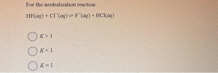 Solved For the neutralization reaction: HF(aq) + Cl¯(aq) ⇒ | Chegg.com