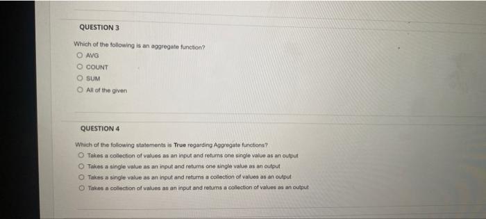 Solved Which of the following is an aggregate function? AVG | Chegg.com