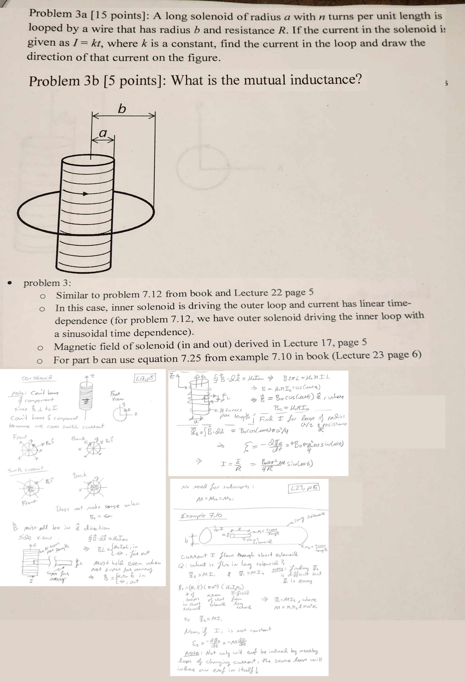 Solved Problem 3a: A long solenoid of raidus a with n turns | Chegg.com