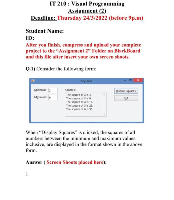 Solved IT 210 : Visual Programming Assignment (2) Deadline: | Chegg.com