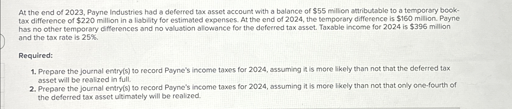 Solved At the end of 2023 , ﻿Payne Industries had a deferred | Chegg.com