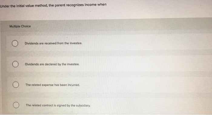 Solved Under the initial value method, the parent recognizes | Chegg.com