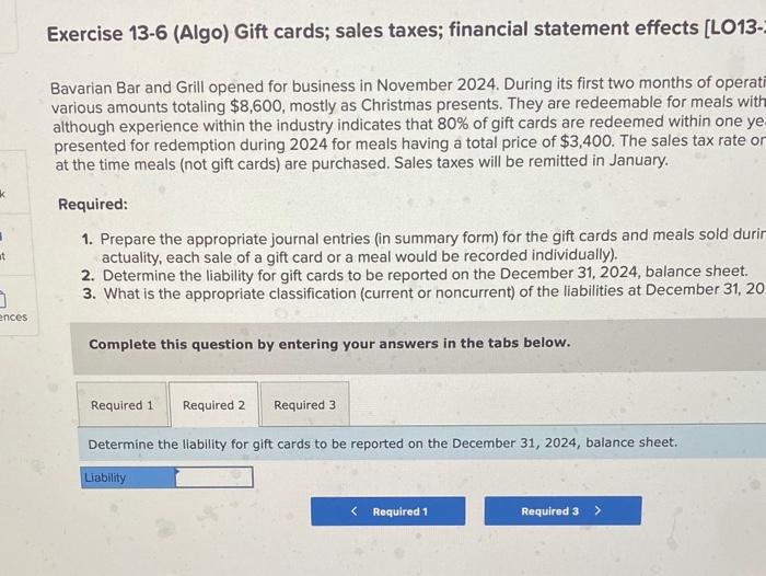 Solved Exercise 13-6 (Algo) Gift cards; sales taxes; | Chegg.com
