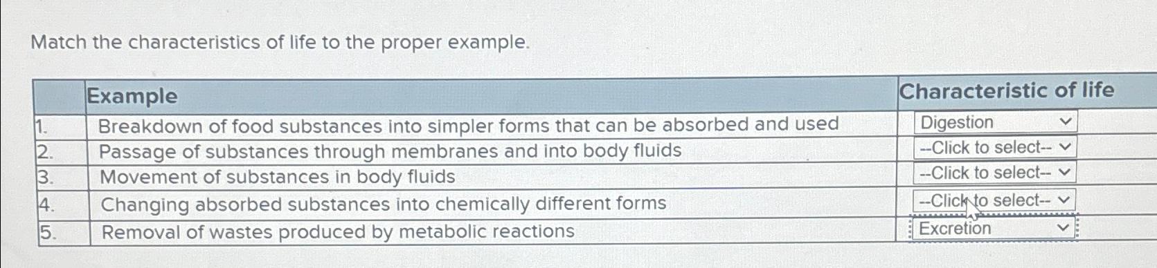 Solved Match the characteristics of life to the proper | Chegg.com