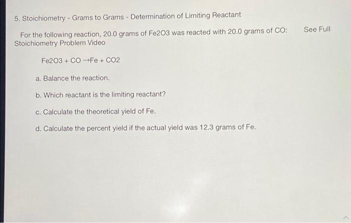 Solved 5. Stoichiometry - Grams to Grams - Determination of | Chegg.com