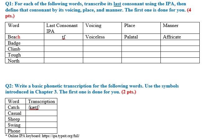 Q1: For each of the following words, transcribe its | Chegg.com