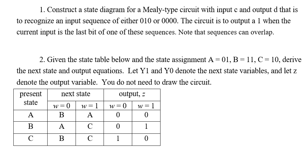 Construct a state diagram for a Mealy-type circuit | Chegg.com