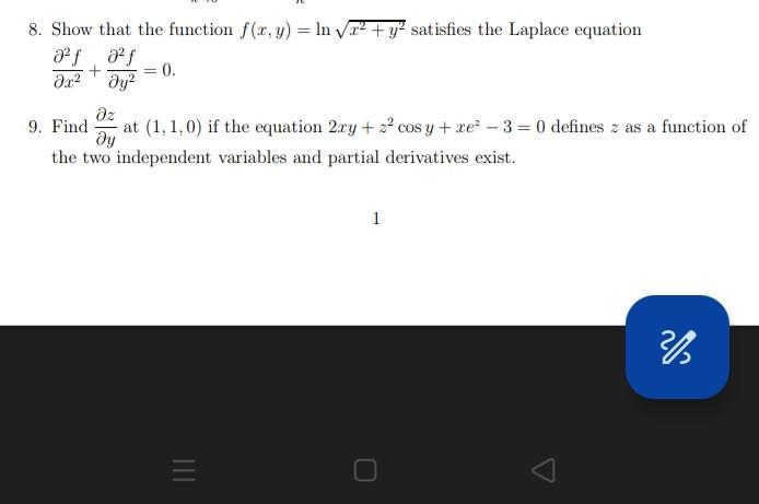 Solved 8. Show that the function f(x,y)=lnx2+y2 satisfies | Chegg.com