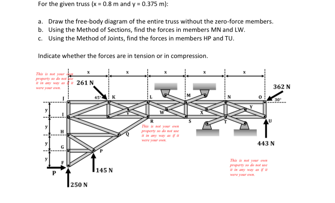 Solved For the given truss x=0.8m and y=0.375m ﻿:a. ﻿Draw | Chegg.com