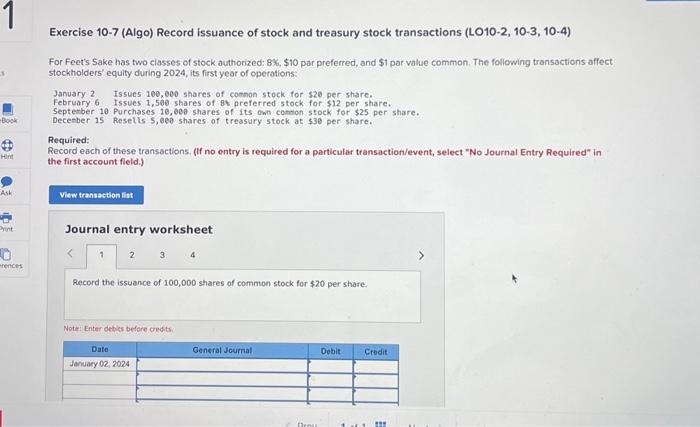Solved Exercise 10-7 (Algo) Record issuance of stock and | Chegg.com