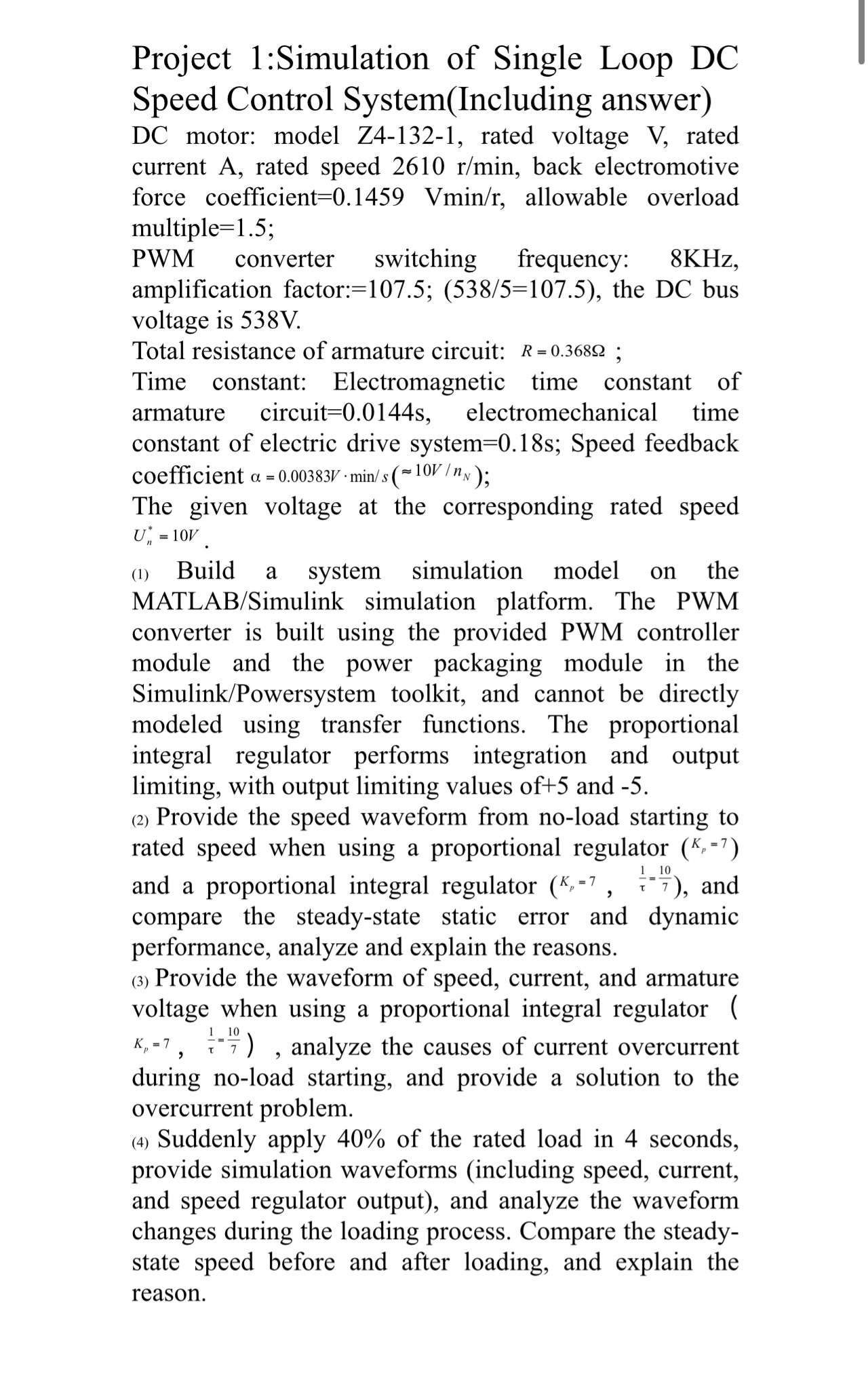 Project 1:Simulation of Single Loop DC Speed Control | Chegg.com