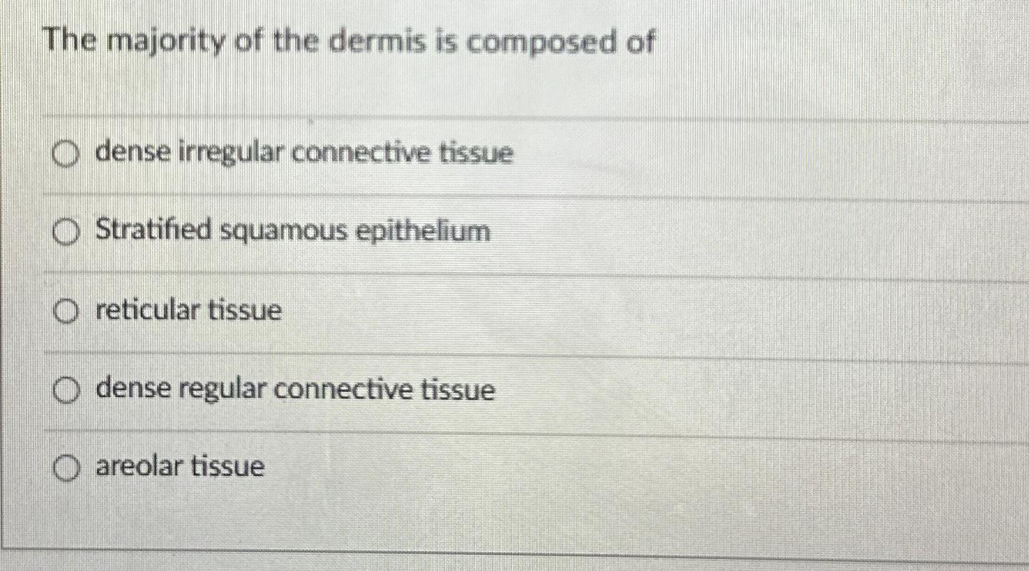 Solved The majority of the dermis is composed ofdense | Chegg.com
