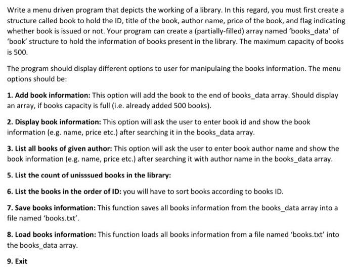 Solved Write a menu driven program that depicts the working | Chegg.com
