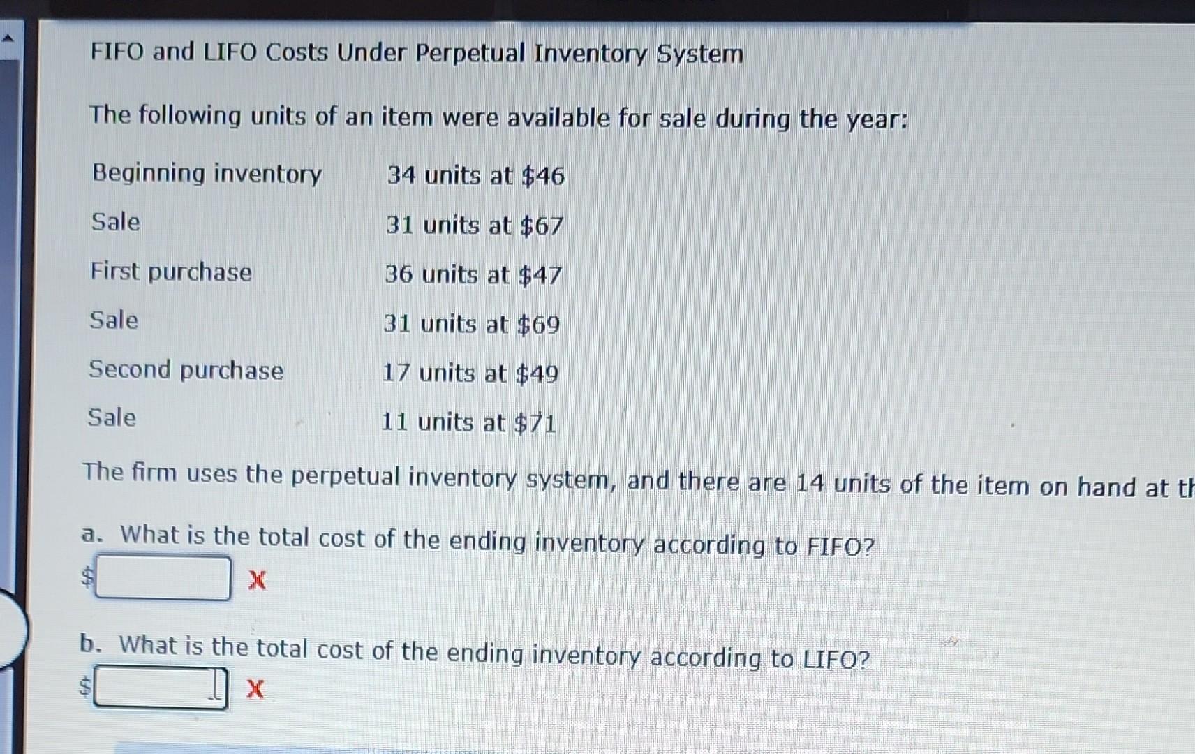 Solved FIFO and LIFO Costs Under Perpetual Inventory System | Chegg.com