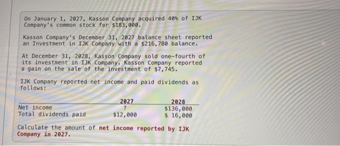 Solved On January 1, 2027, Kasson Company acquired 40% of | Chegg.com