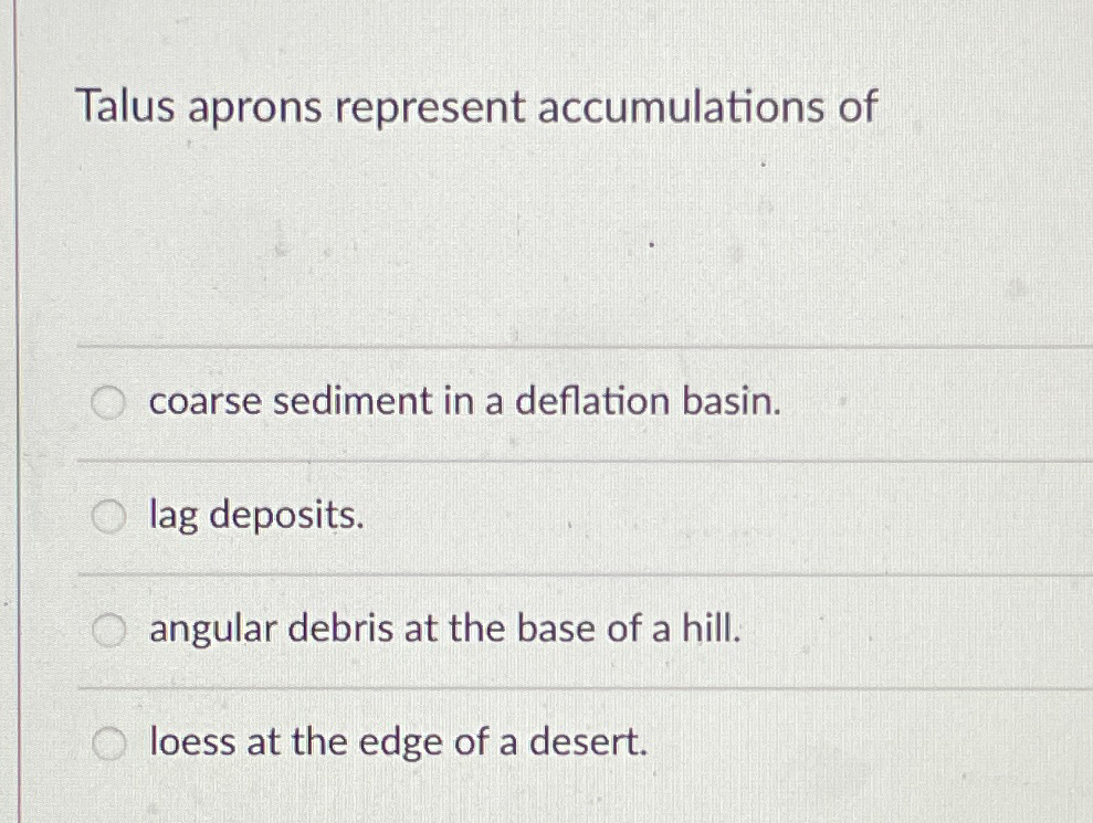 Solved Talus aprons represent accumulations ofcoarse | Chegg.com