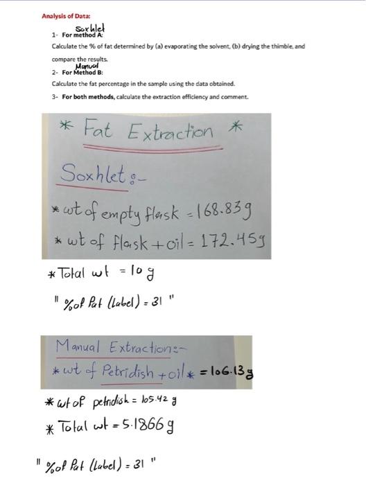 Analysis of Datas soxhlet 1- For method A: Calculate | Chegg.com