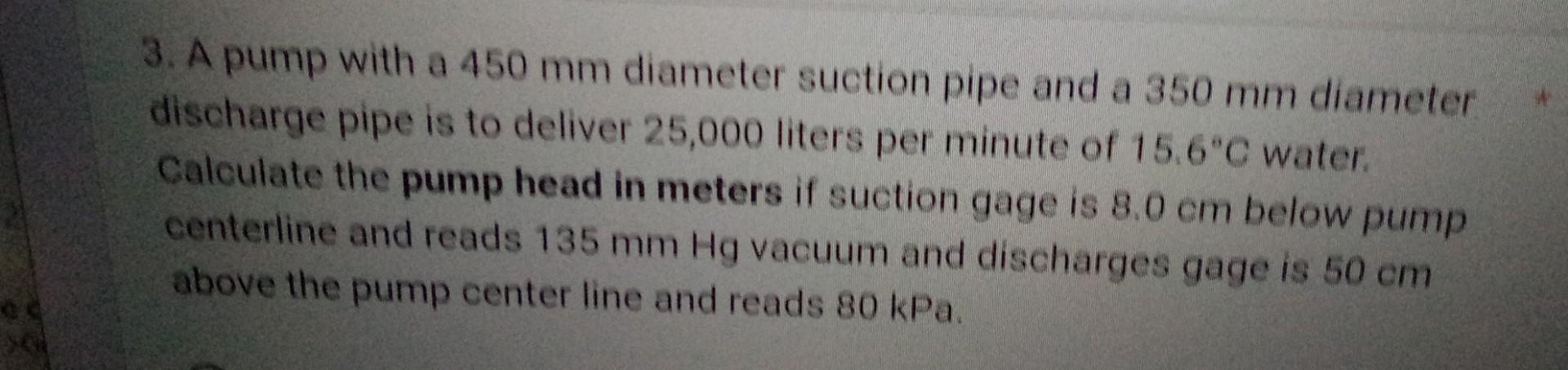Solved 3. A pump with a 450 mm diameter suction pipe and a | Chegg.com